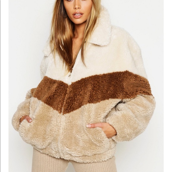 Boohoo | Jackets & Coats | Boohoo Tonal Stripe Teddy Faux Fur Bomber ...